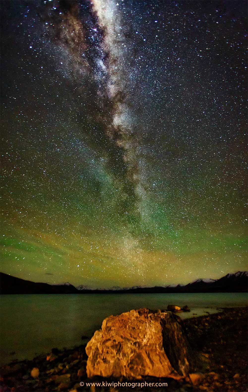 Astrophotography Rock at Lake Tekapo with Green Airglow